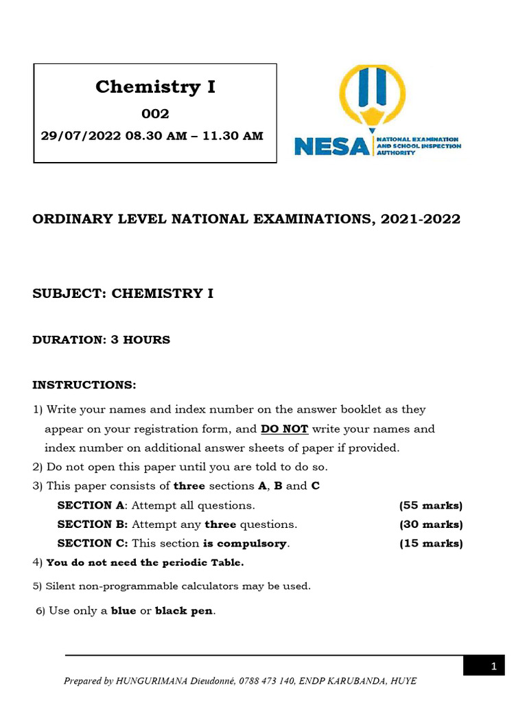 2021-2022 Ordinary Level Chemistry Exam | PDF | Chlorine | Aluminium