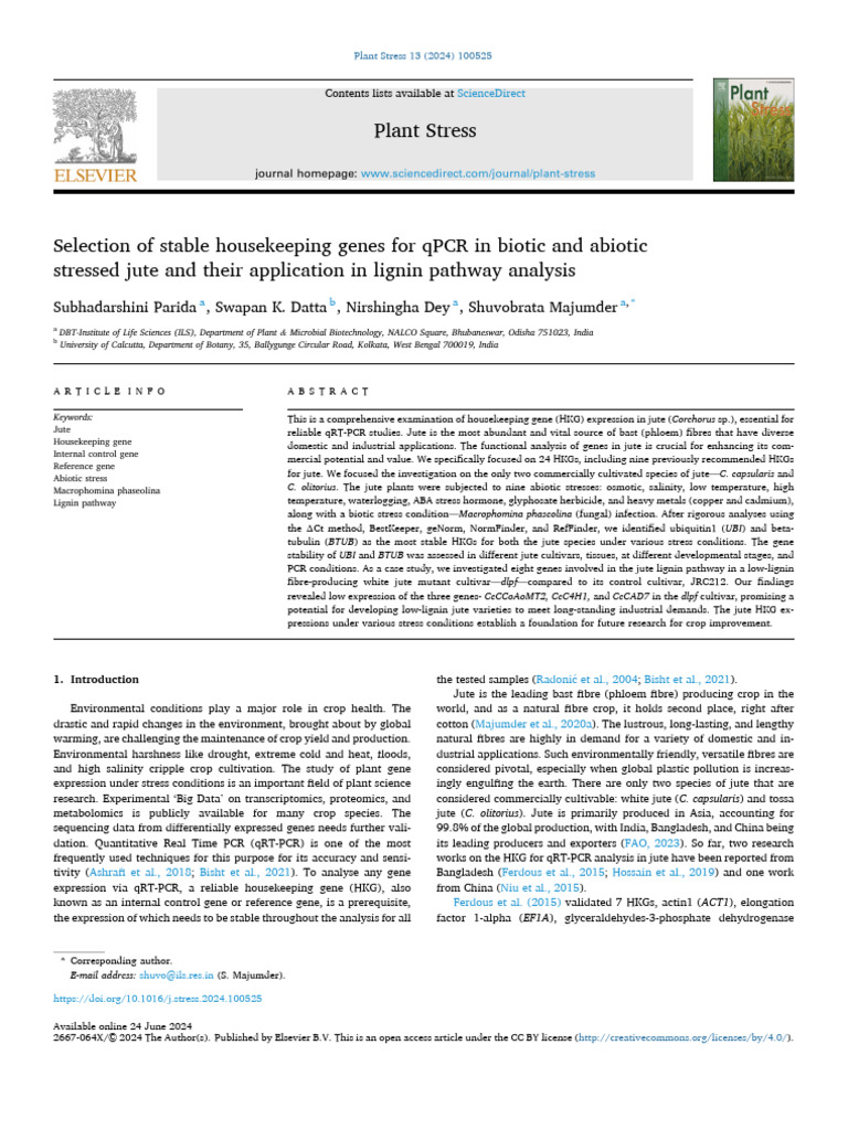 Selection of Stable Housekeeping Genes For QPCR in Biotic and Abiotic ...