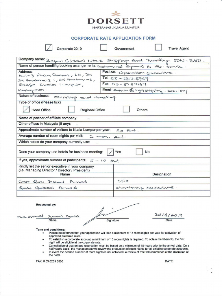 Corporate Rate Form | PDF
