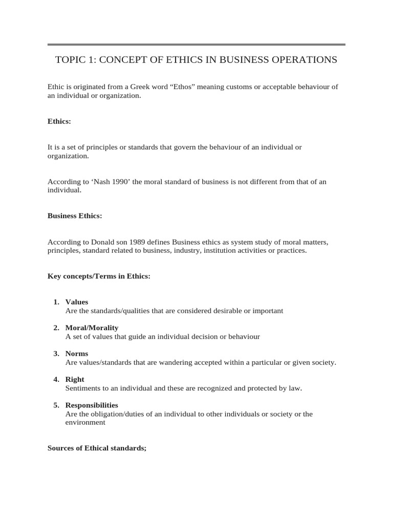 Summary Topic 1 Concept of Ethics in Business Operations | PDF ...