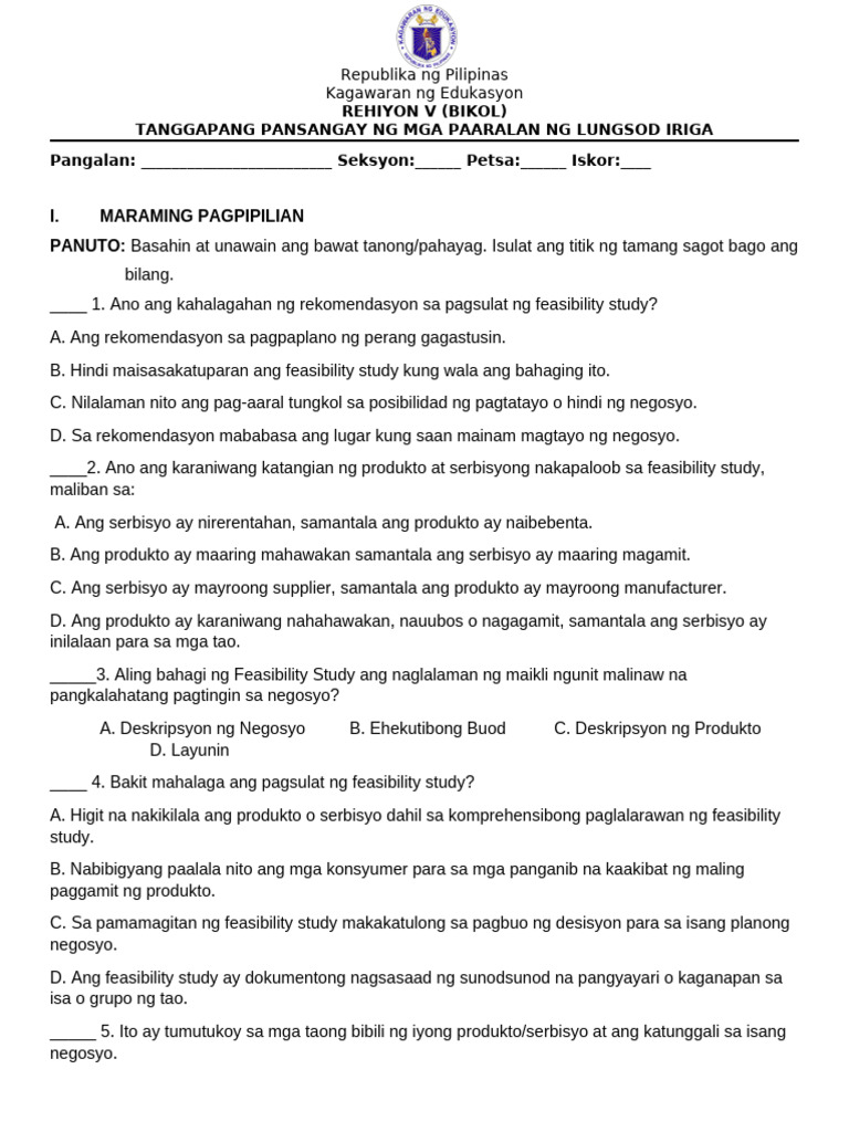 Exam Filipino TVL | PDF