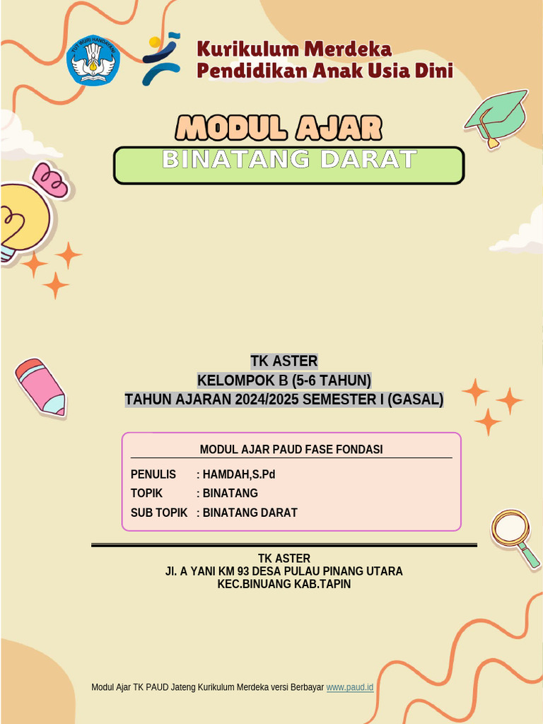 Modul Ajar TK B Smt1 11 Binatang Darat TK Aster | PDF