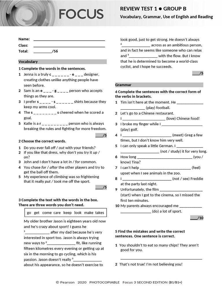 Focus3 2E Review Test 1 Units1 2 Vocabulary Grammar UoE Reading GroupB ...