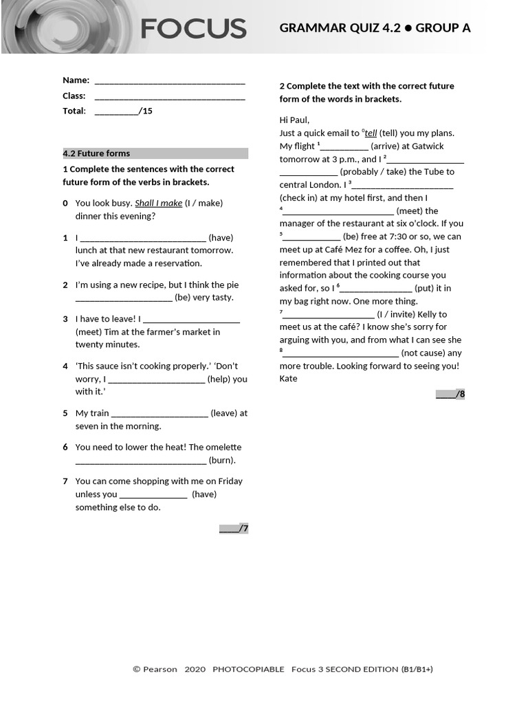 Focus3 2E Grammar Quiz Unit4 2 GroupA | PDF | Grammar | Linguistics