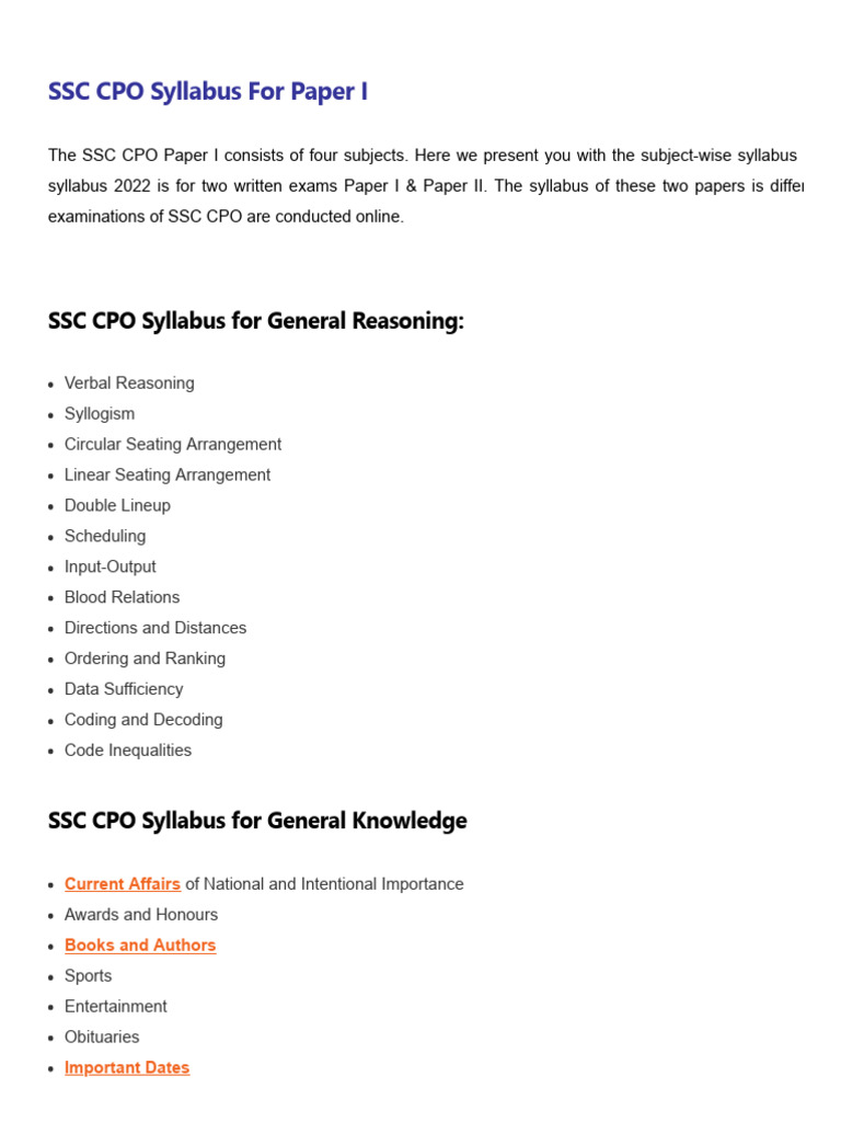 SSC CPO Syllabus 2022, Complete Syllabus of Paper I and Paper II | PDF