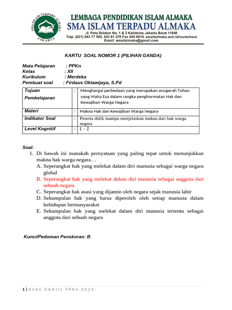 Kartu Soal Asas Ganjil PPKN - Kelas Xii-1 | PDF