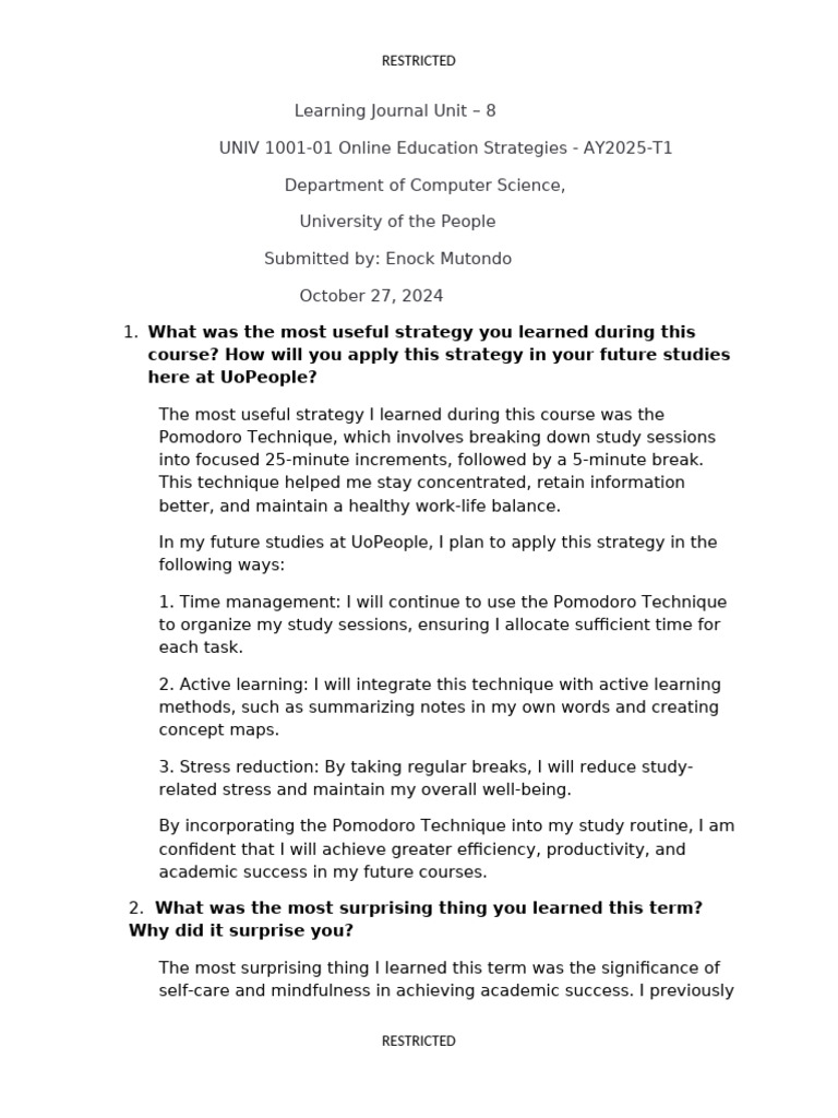 Learning Journal Unit - 8 | PDF | Cognition | Psychology