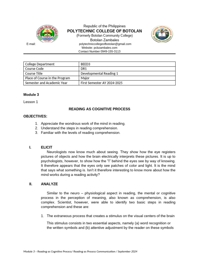 DR MODULE 3 Reading As Cognitive Communication Process | PDF | Reading Comprehension | Mind