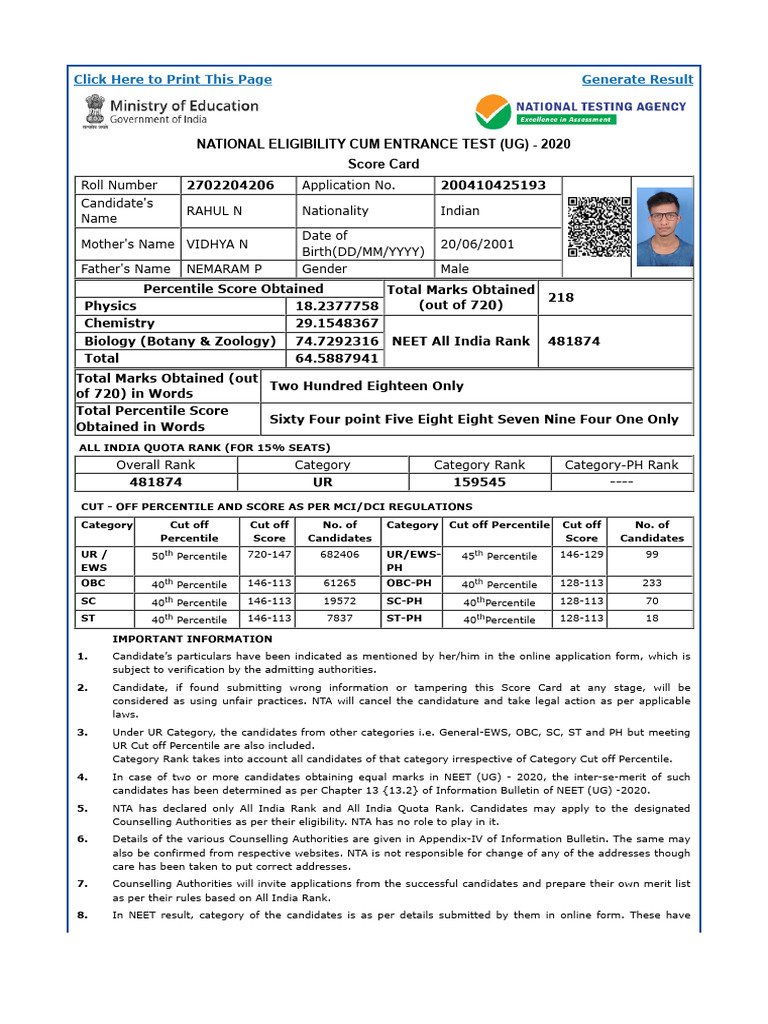 NEET 2020 Results | PDF | Qualifications | Standardized Tests