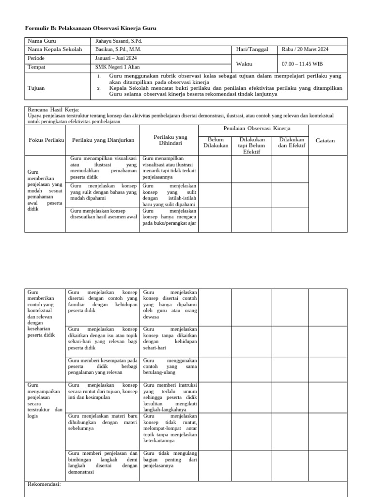 Formulir B - Observasi Kinerja Guru | PDF