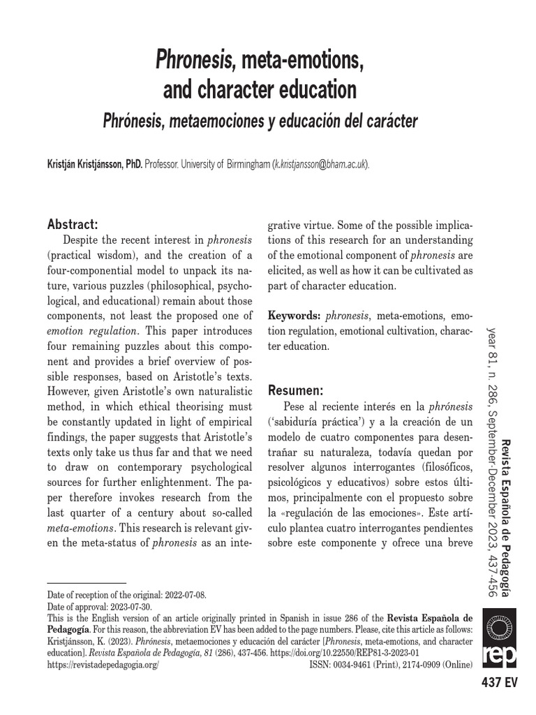 Phronesis Meta-Emotions and Character Education | PDF | Emotions | Virtue