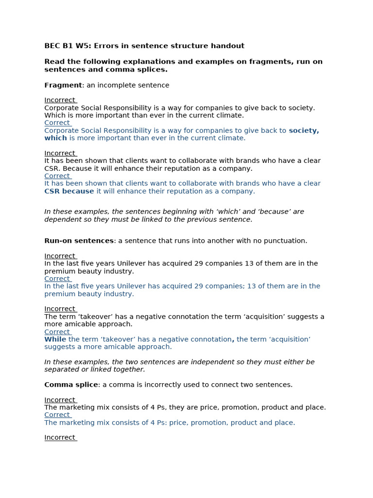 BEC B1 W5 Errors in Sentence Structure Handout | PDF | Marketing | Innovation