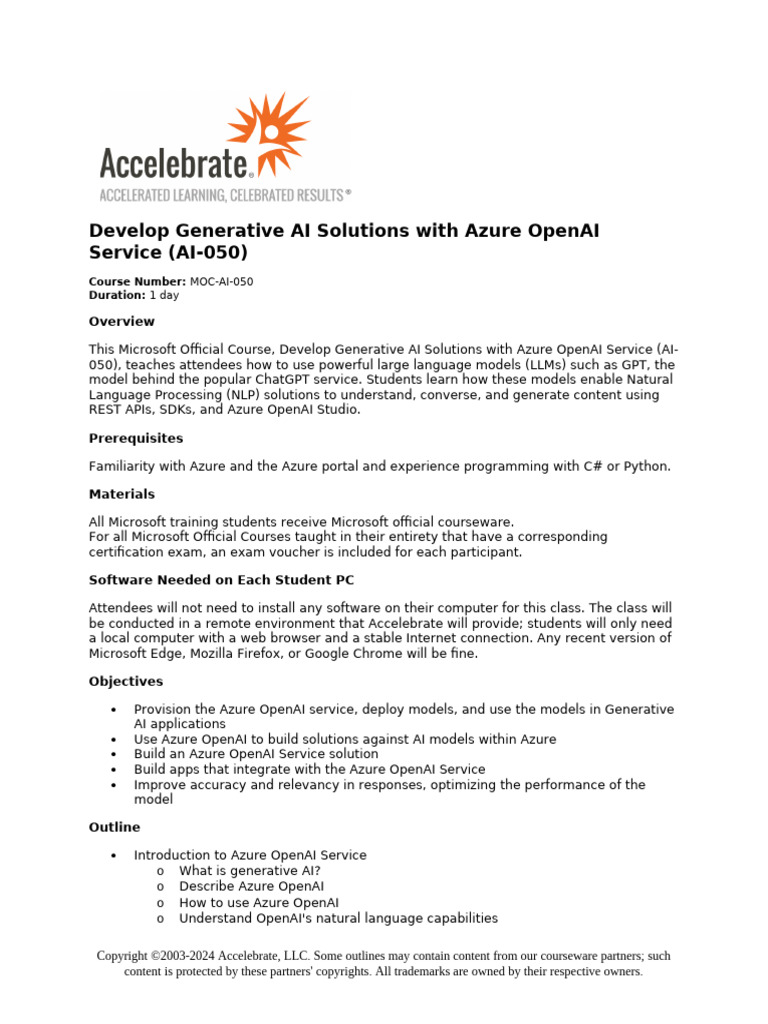 Develop Generative AI Solutions With Azure OpenAI Service (AI-050) | PDF | Microsoft Azure ...
