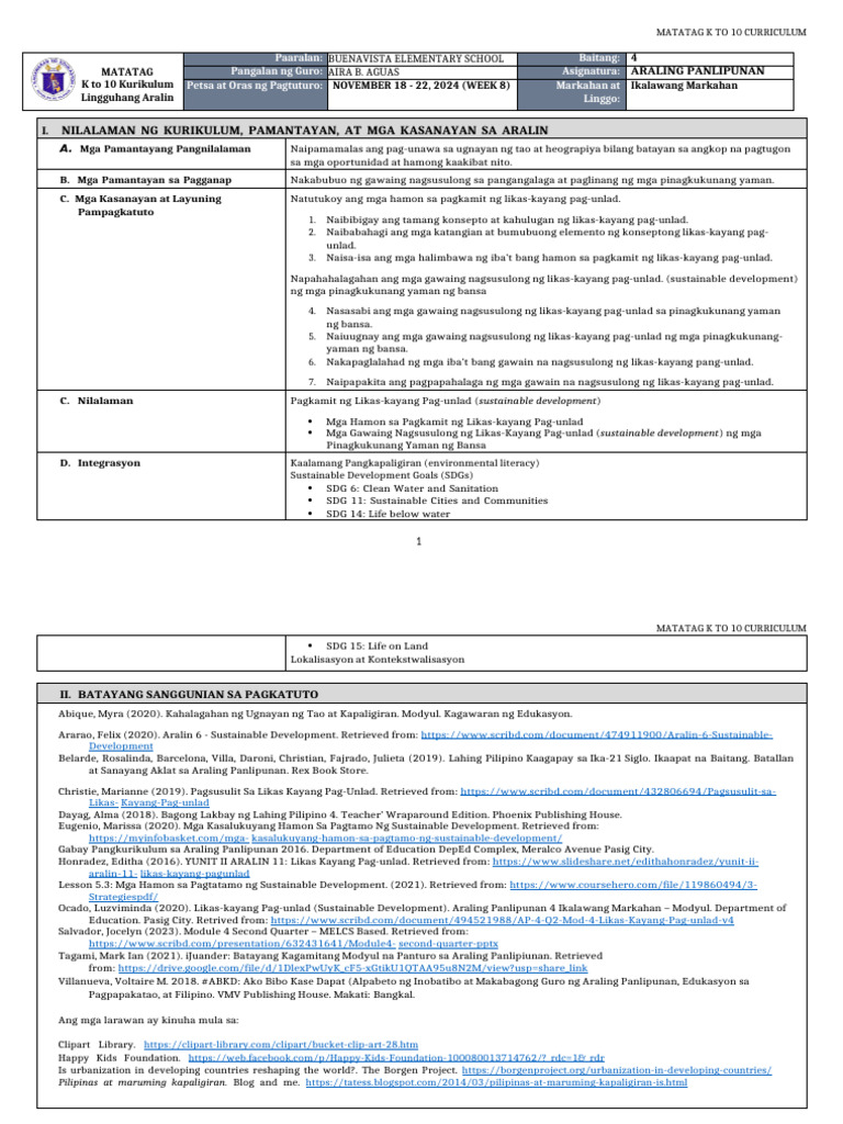 DLL Matatag - Araling Panlipunan 4 q2 w8 | PDF