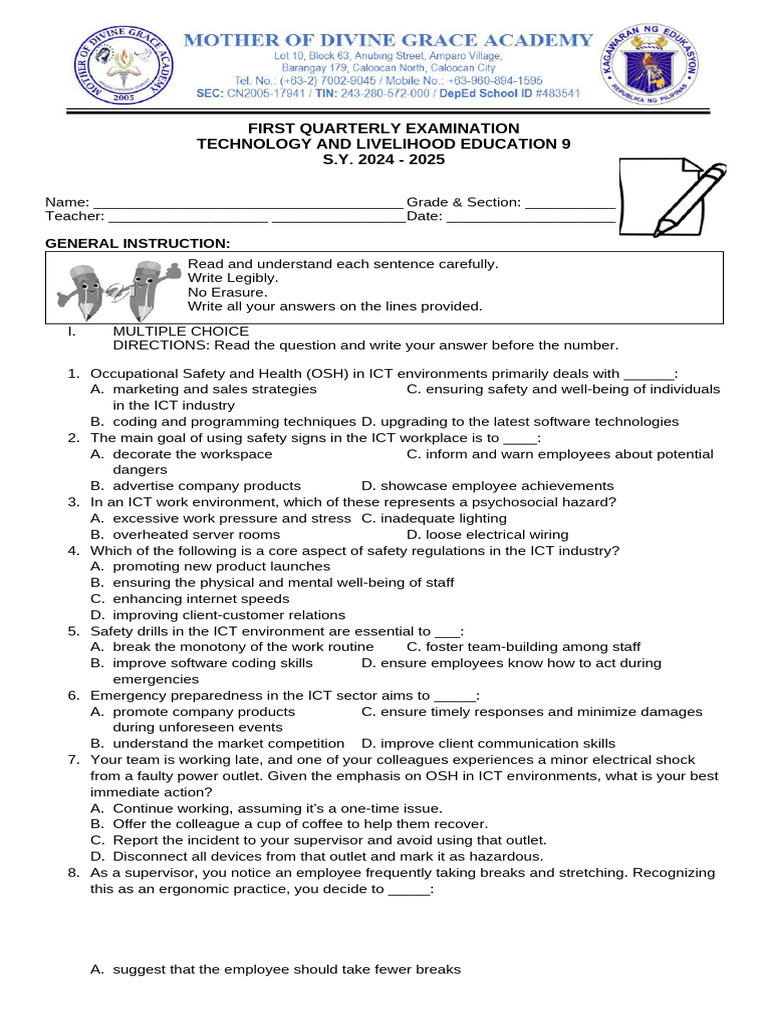 Tle 9 - First Quarterly Exam | PDF | Swot Analysis | Occupational Safety And Health