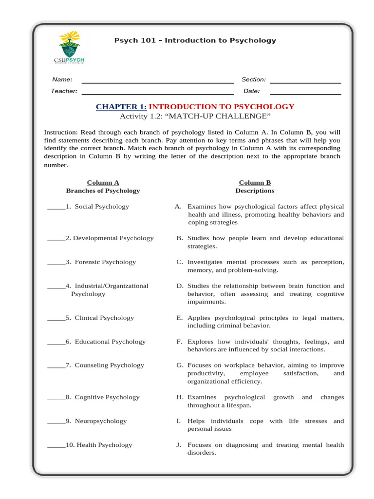 ACTIVITY 1.2 - Match Up Challenge | PDF | Psychology | Cognition