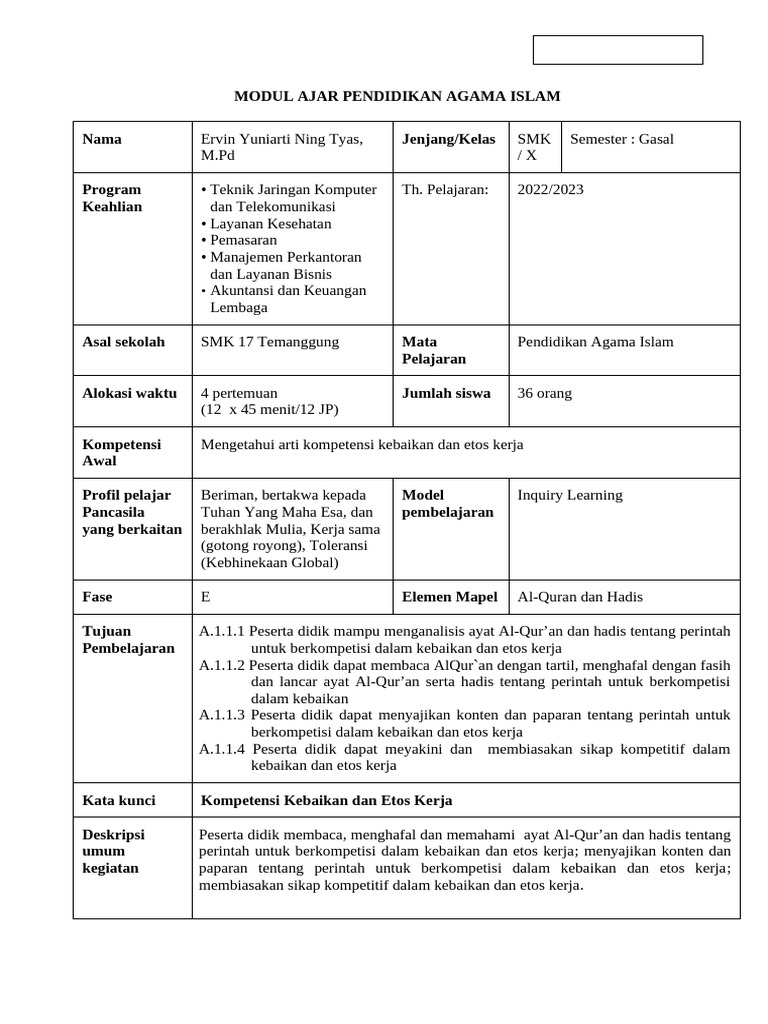 Modul Ajar - Pai | PDF