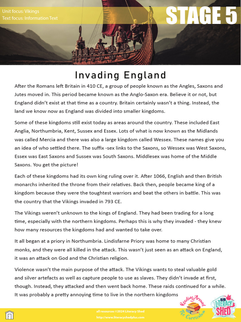 Vikings - Stage 5 Comp - Invading England - Comprehension Pack | PDF ...