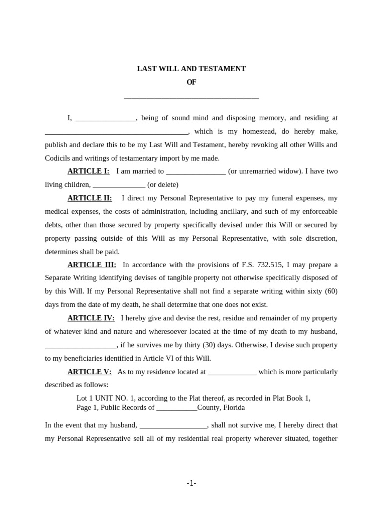 Florida Last Will and Testament Template | PDF | Lease | Will And Testament