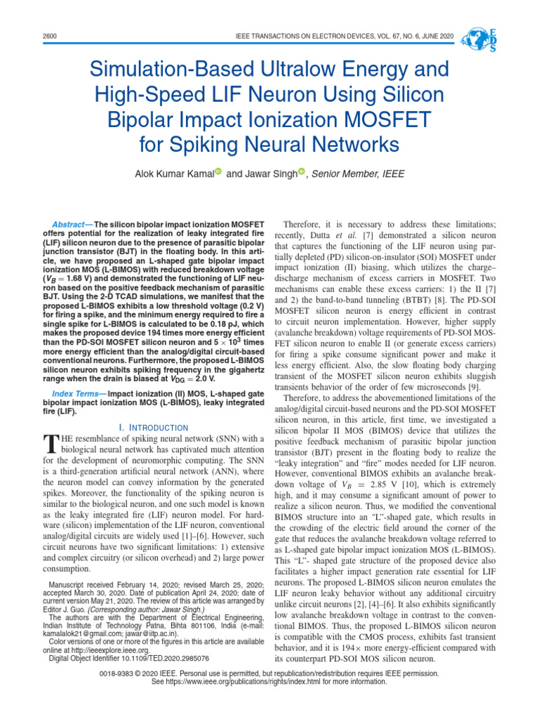 Simulation-Based Ultralow Energy and High-Speed LIF Neuron Using Silicon Bipolar Impact ...