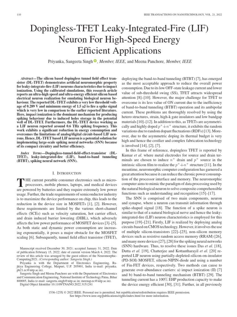 Dopingless-TFET Leaky-Integrated-Fire LIF Neuron For High-Speed Energy ...