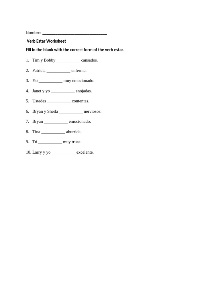 Verb Estar Worksheet | PDF