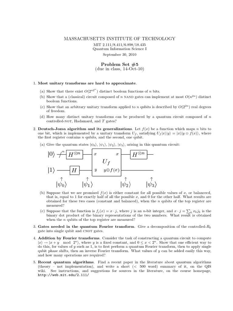Massachusetts Institute of Technology: Problem Set #5 | PDF | Quantum Computing | Theory Of ...