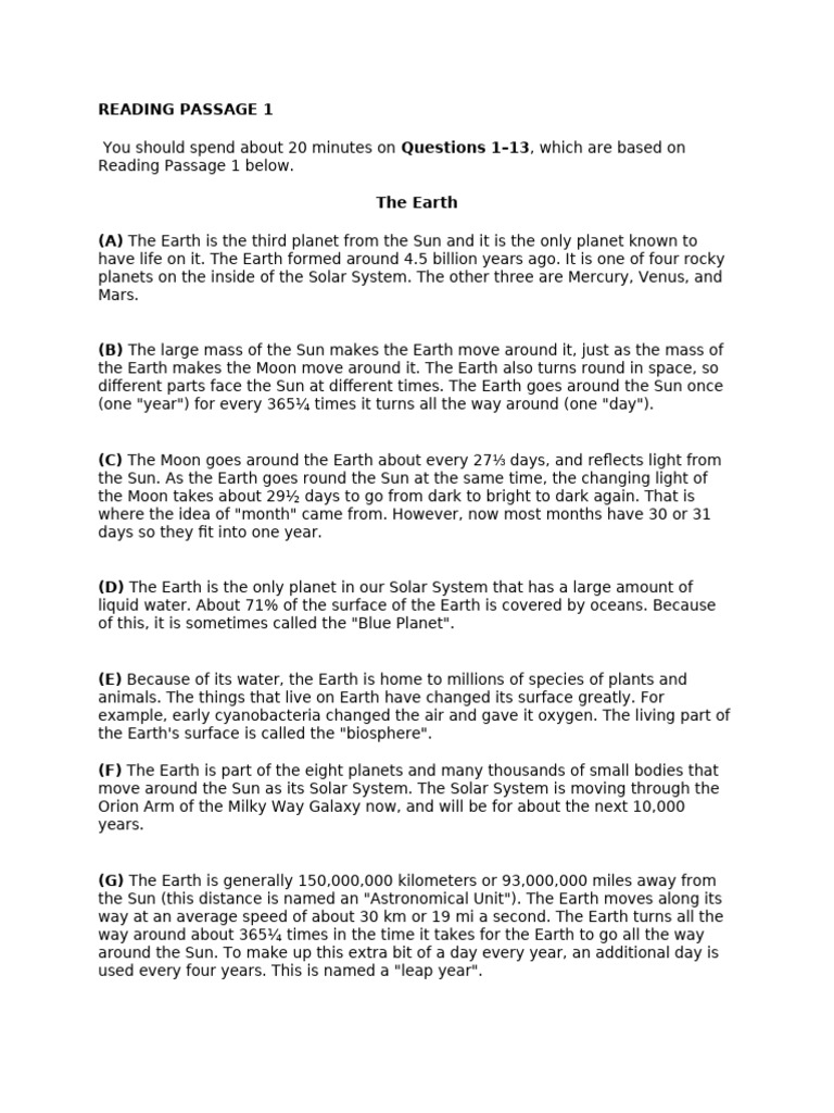 READING PASSAGE Practice | PDF | Earth | Sun