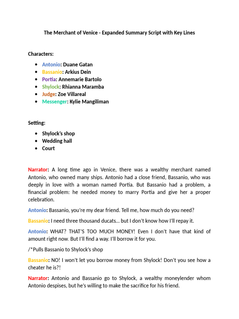 The Merchant of Venice Summary Script | PDF | The Merchant Of Venice