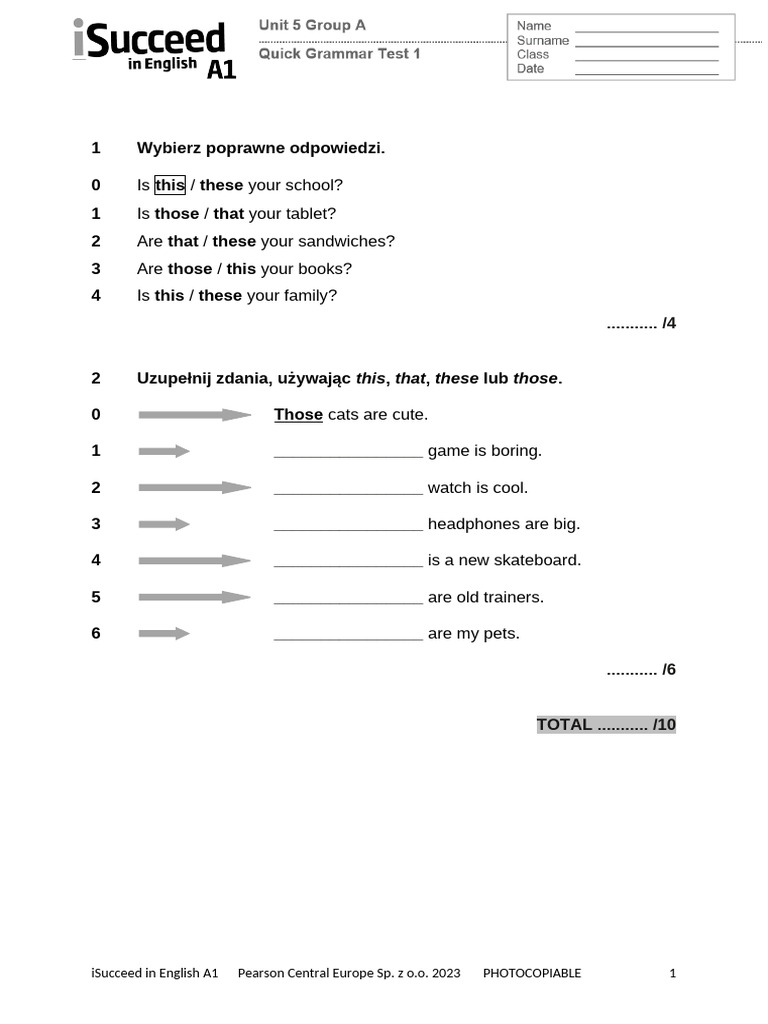 Isucceed - A1 - Unit 5 - Quick Grammar Test 1 - Group - A - Final | PDF