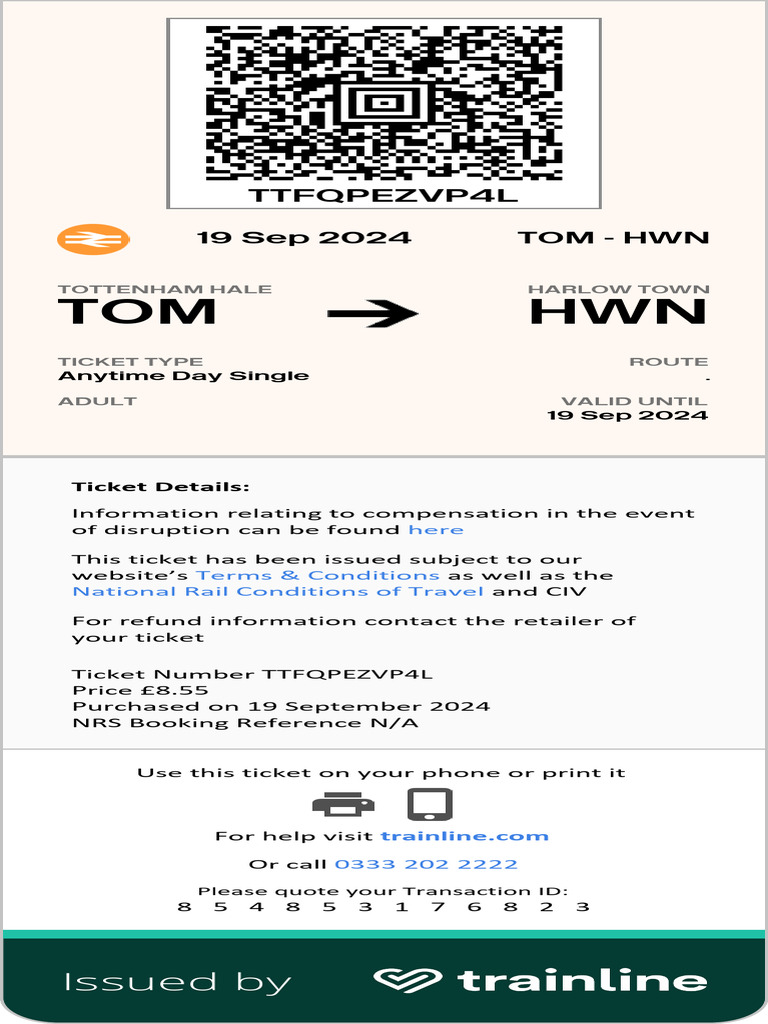 Tottenham to Harlow Train Ticket | PDF