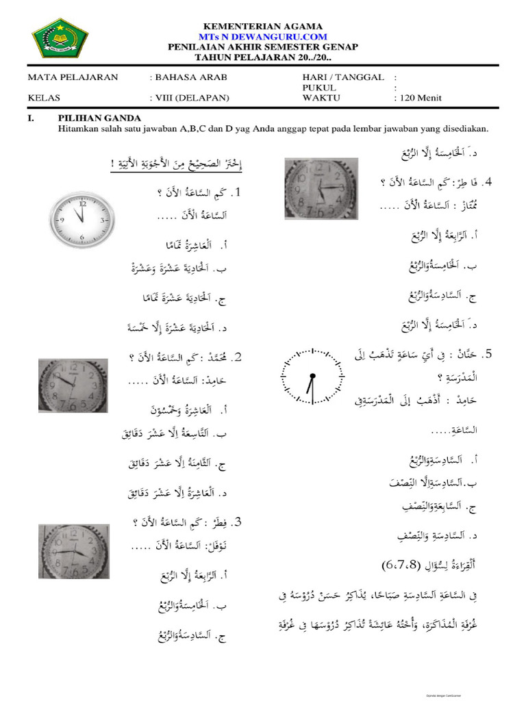 Soal UAS Bahasa Arab MTs Kelas 8 Semester 2 | PDF