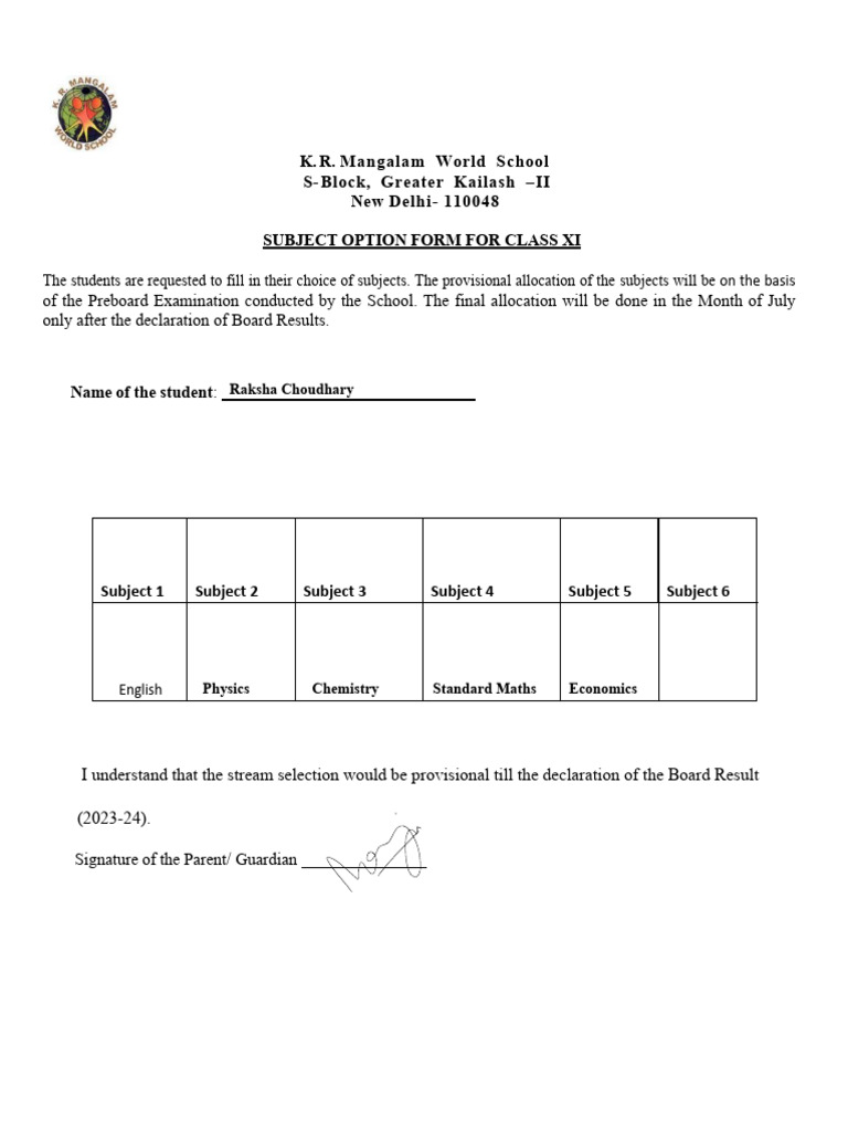 Subject-Option Form Class-X (2022-23) | PDF