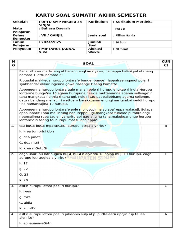 Kartu Soal Bahasa Daerah KLS 7 SMTR Ganjil Tahun 2024-2025 | PDF