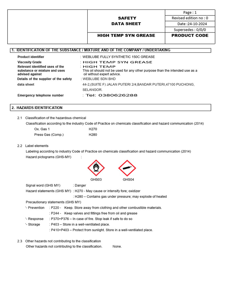 High Temp Syn Grease SDS | PDF | Toxicity | Dangerous Goods