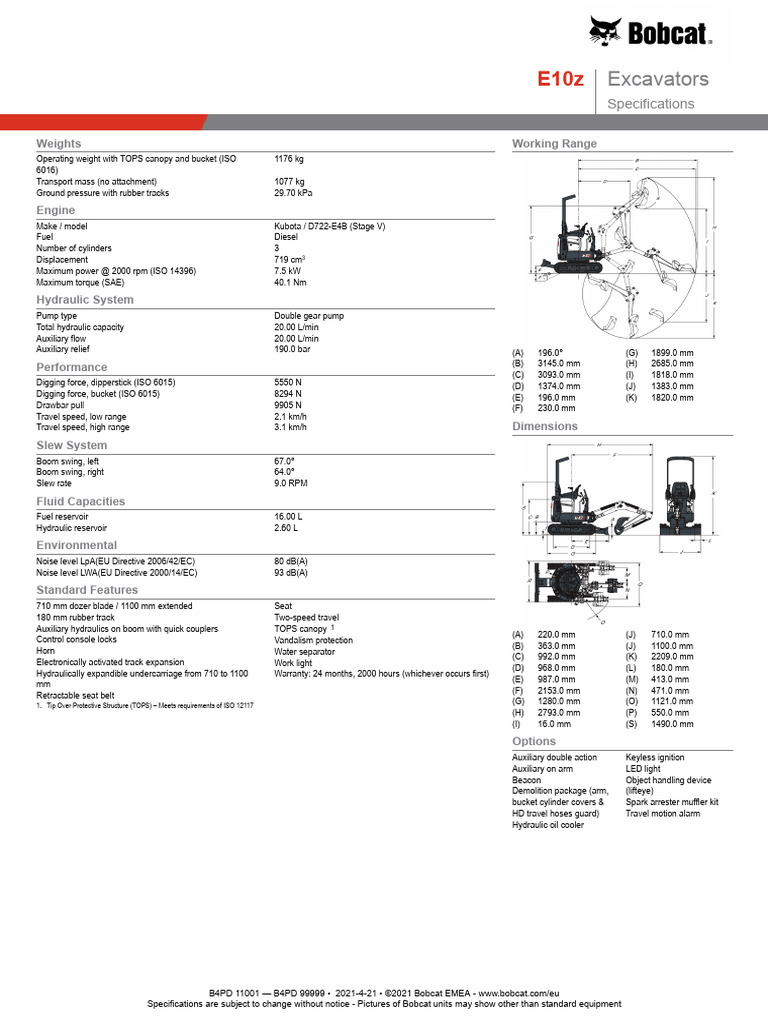 Bobcat E10 Specyfikacja Techniczna | PDF | Horsepower | Vehicle Technology