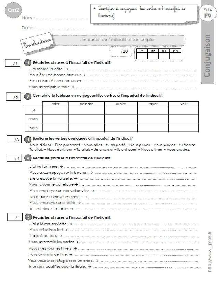 cm2 Conjugaison Evaluation Imparfait 1a | PDF