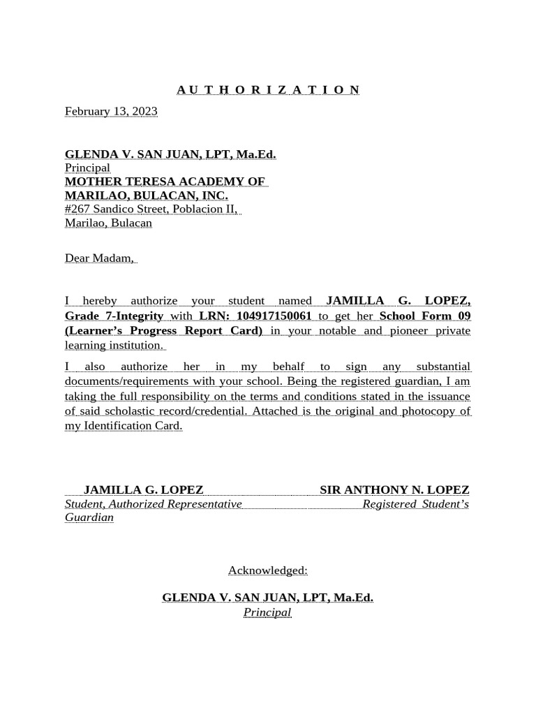 Authorization Letter - JAMILLA | PDF