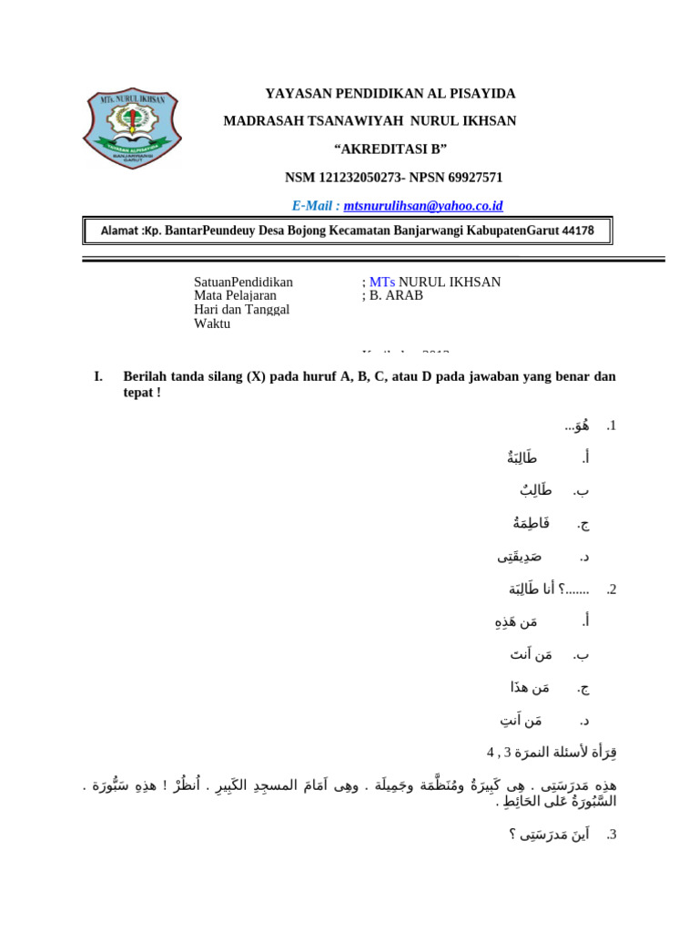 Soal UM MTs - Bahasa Arab | PDF