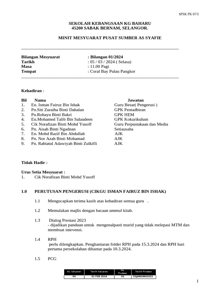 Minit Mesyuarat PSS Bil 1 2024 | PDF