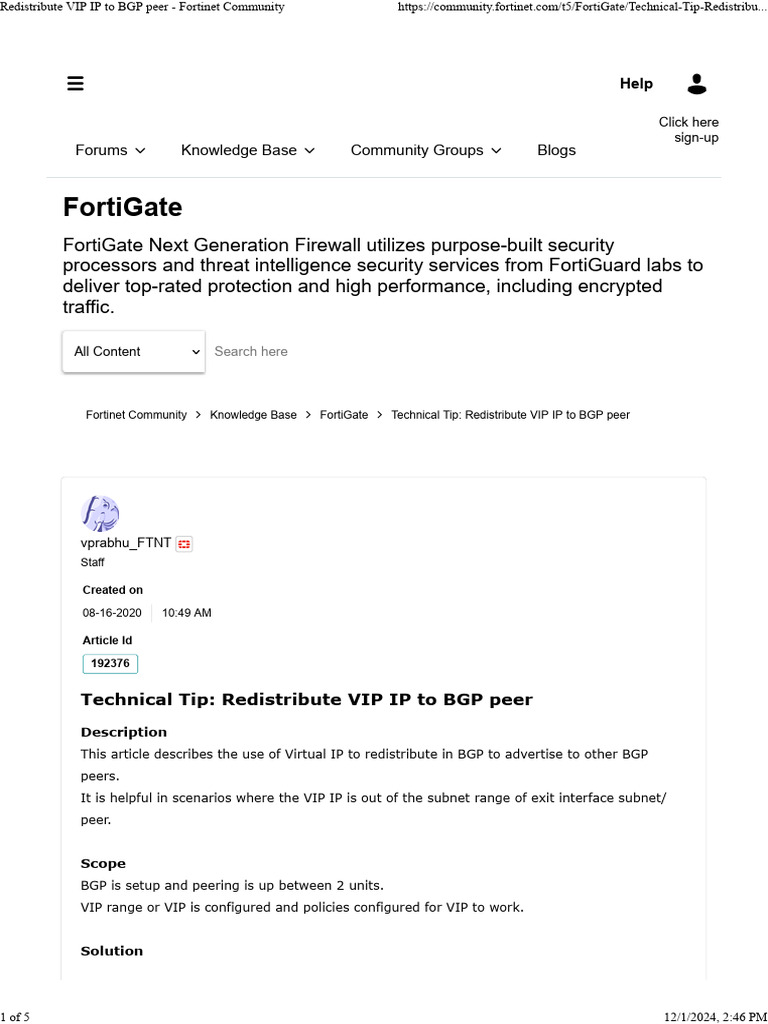 Redistribute VIP IP To BGP Peer - Fortinet Community | PDF | Routing | Ip Address