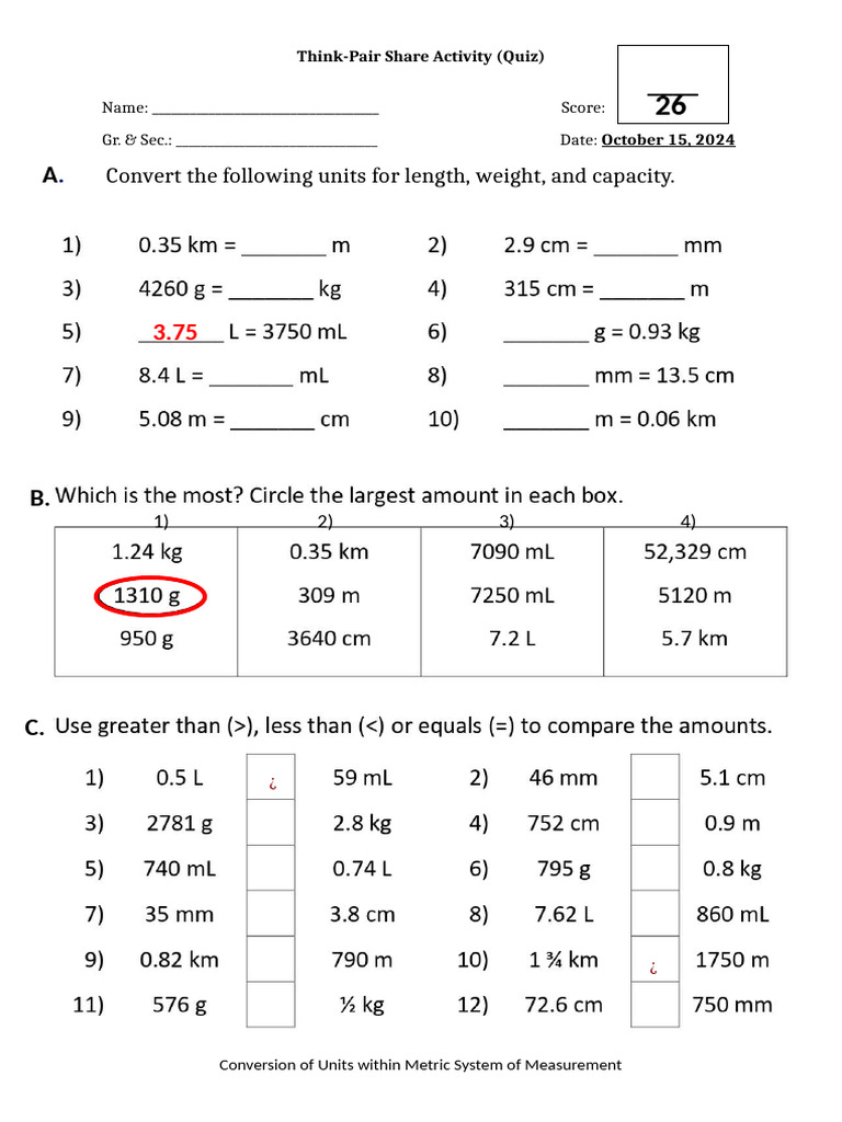 Think-Pair-Share Activity (Quiz) Conversion Within Metric System | PDF