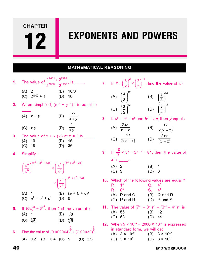 Exponents and Powers Workbook | PDF