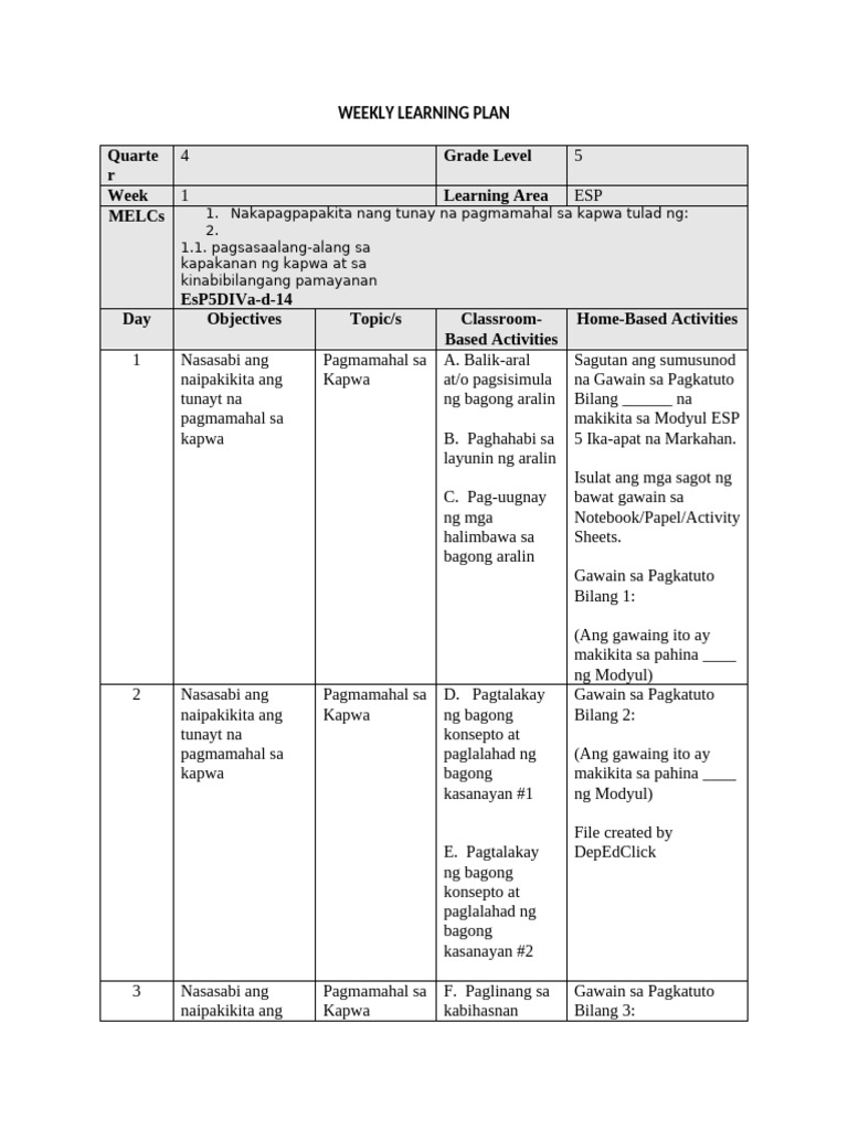 Weekly Learning Plan | PDF