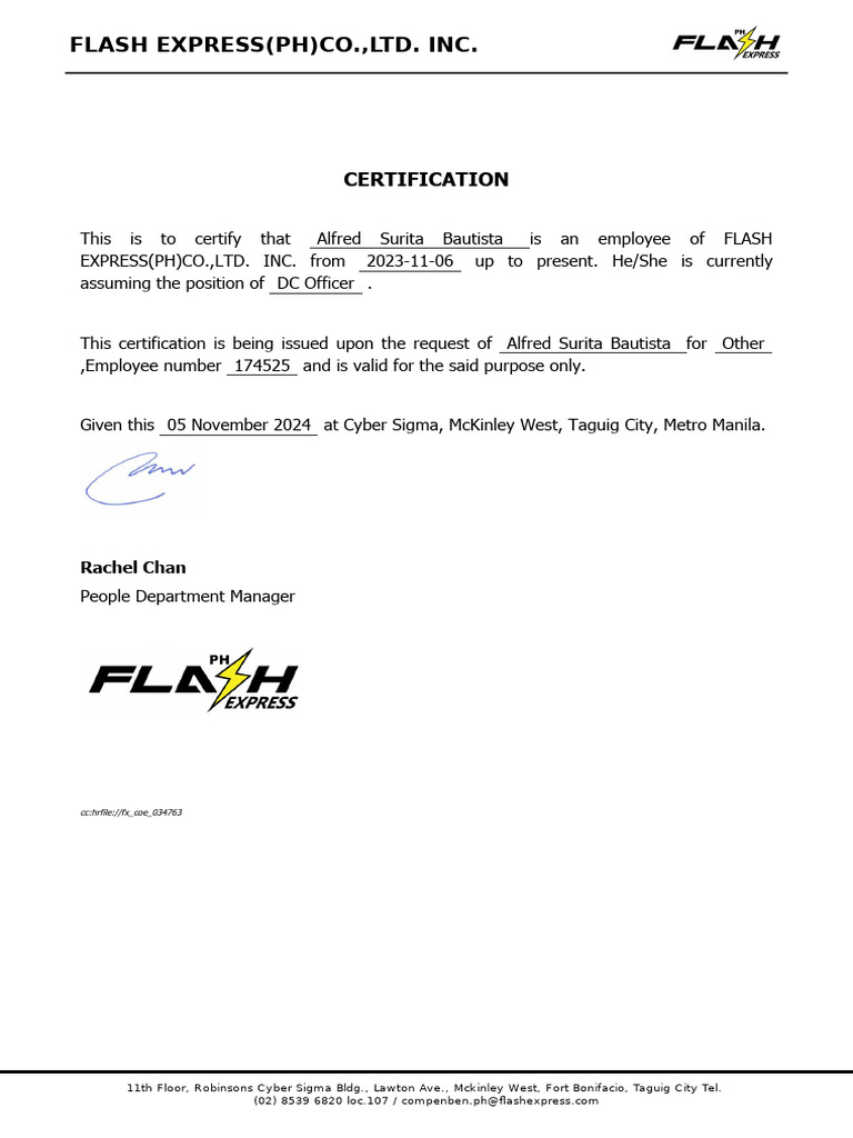 Flash Express Employment Certification | PDF