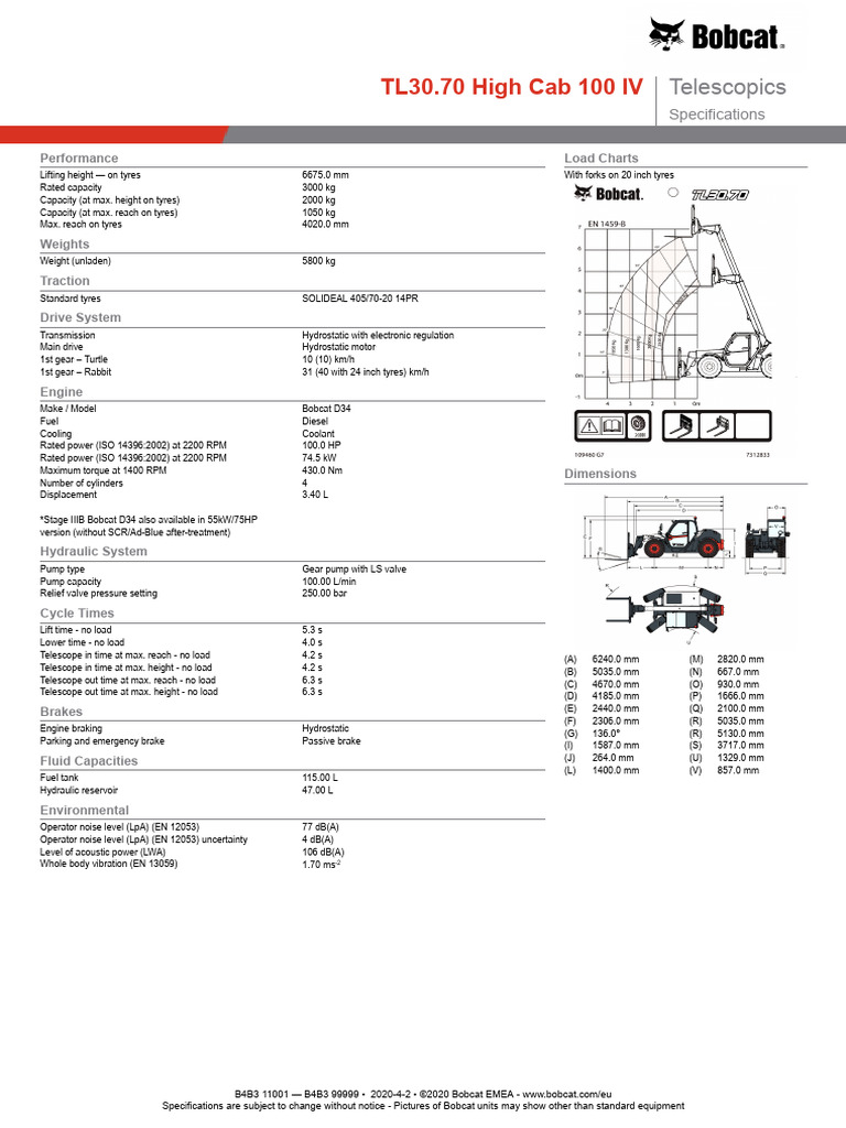 Bobcat TL30.70 Spec | PDF | Vehicle Technology | Vehicles