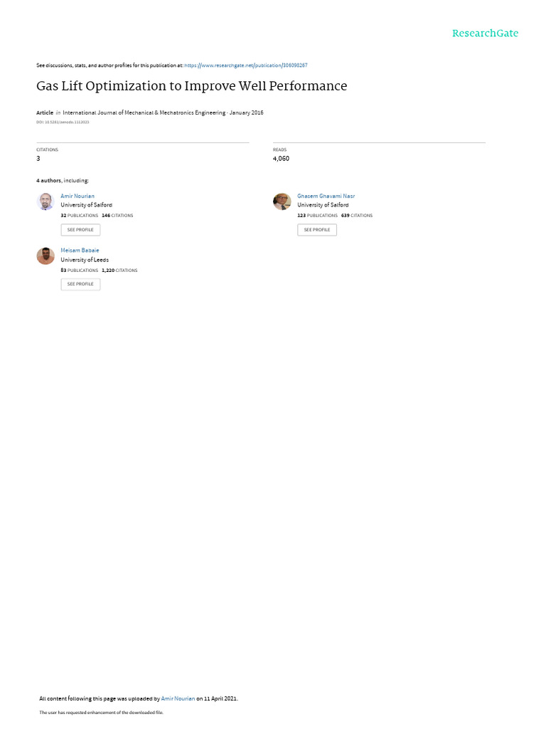 Gas Lift Optimization To Improve Well Performance Pdf Pressure Flow Measurement