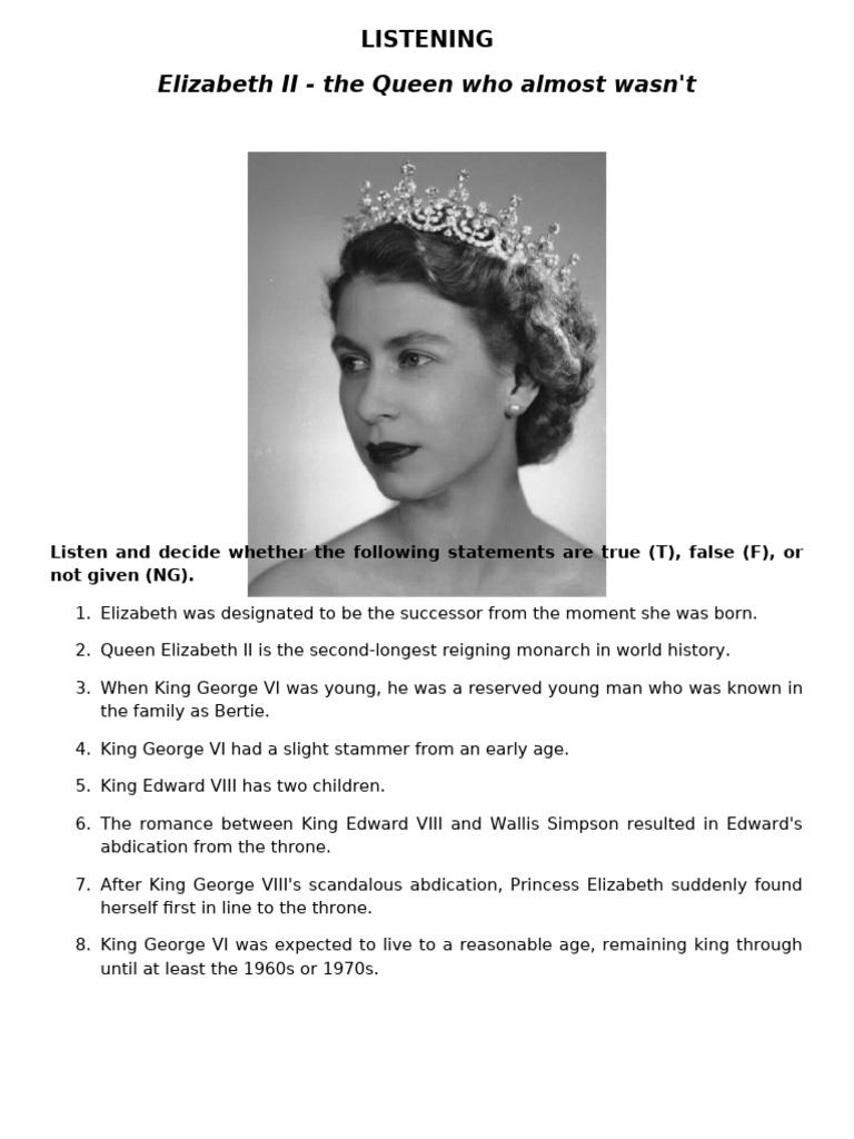 LISTENING Queen Elizabeth | PDF | Monarchy Of The United Kingdom ...