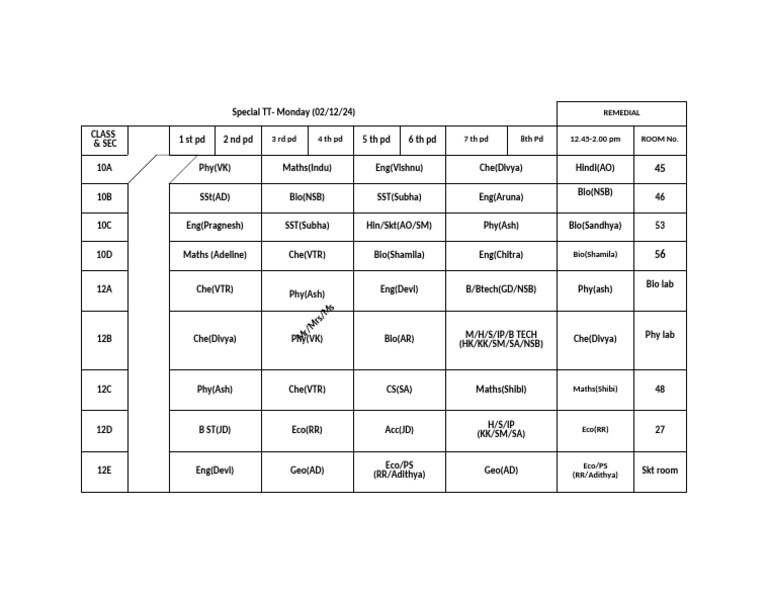 SPL Time Table Class X &XII-Monday - Copy-3 | PDF