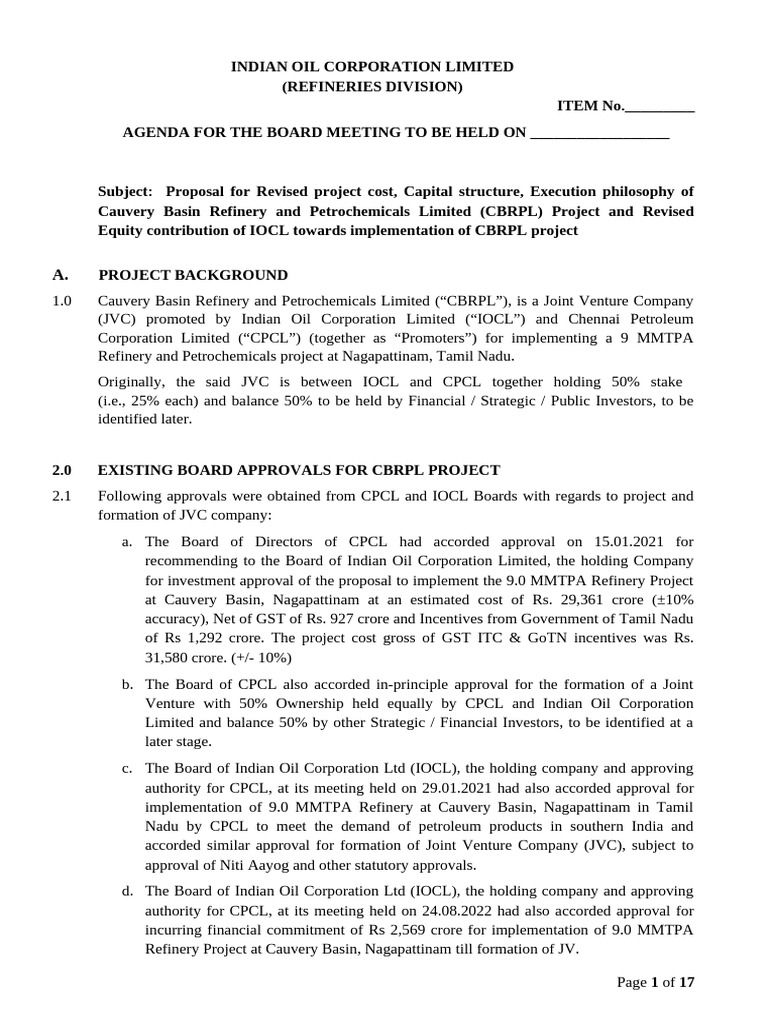 Draft Board Agenda For CBRPL Project - 3 Years Price Basis | PDF